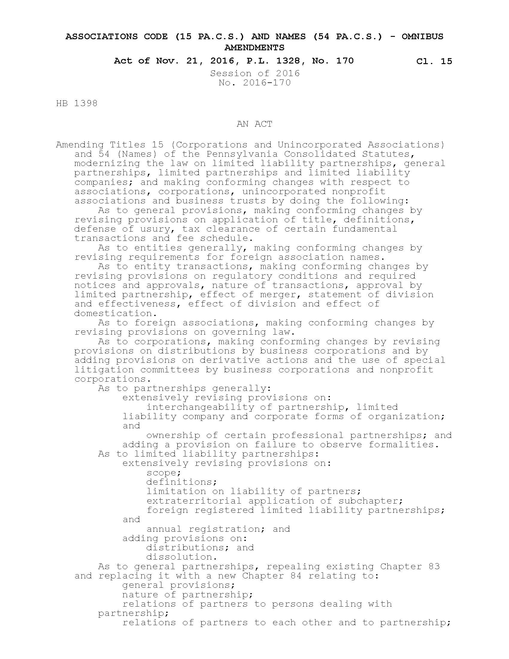 A Comprehensive Revision of Pennsylvania Law on Partnerships and LLCs ...